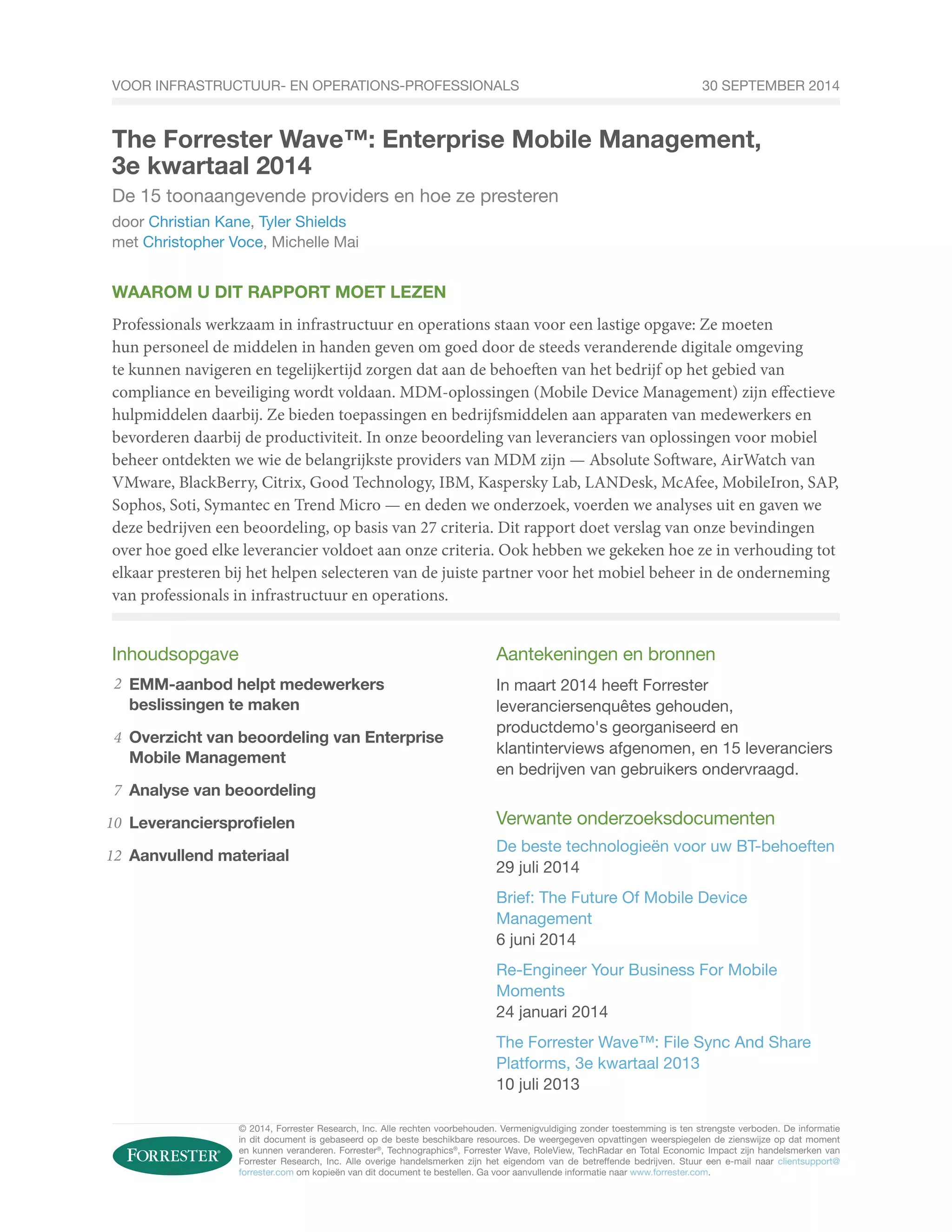 The Forrester Wave™: Enterprise Mobile Management, 3e kwartaal 2014 | PDF