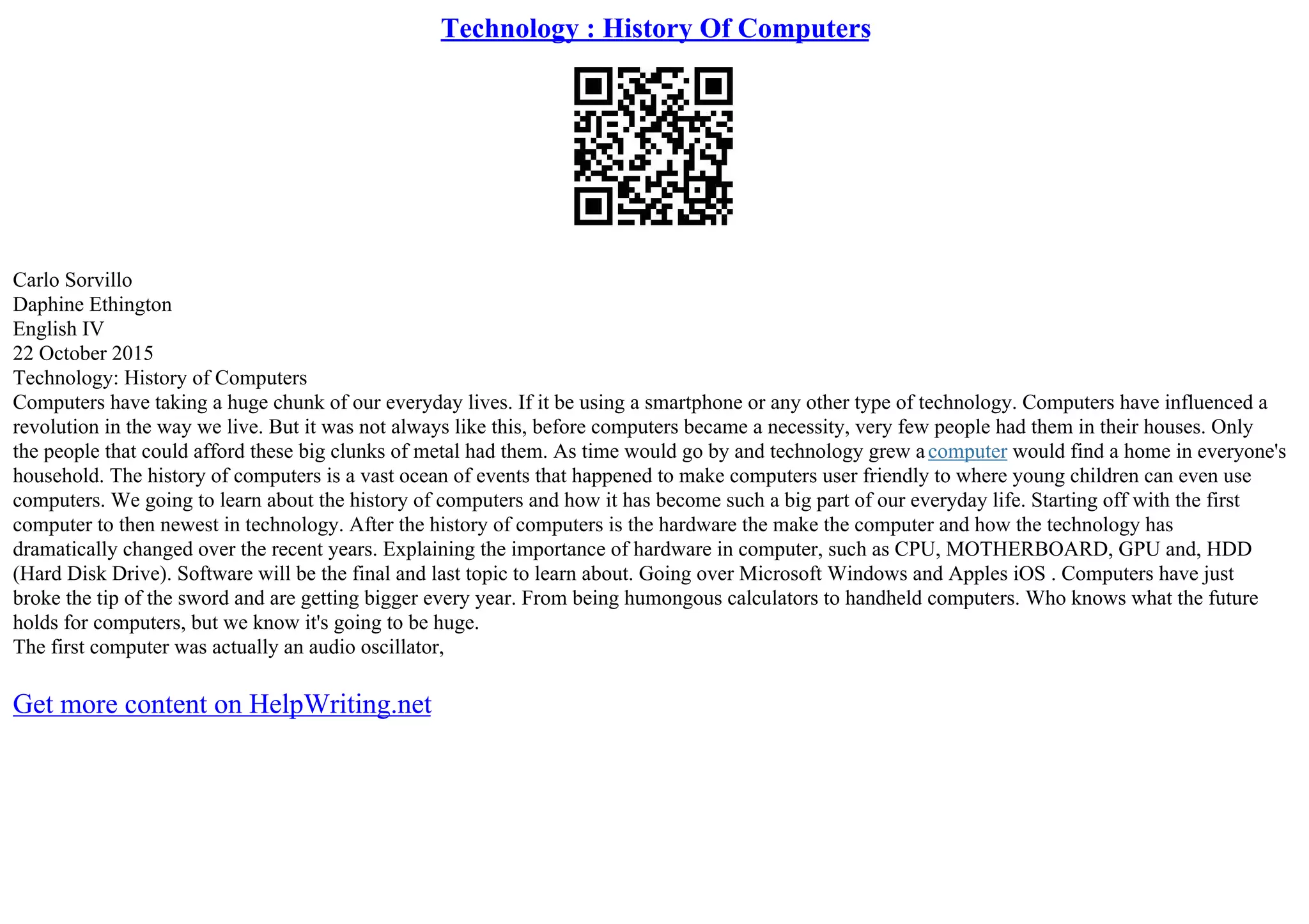 The Four Main Components And History Of Computers | PDF