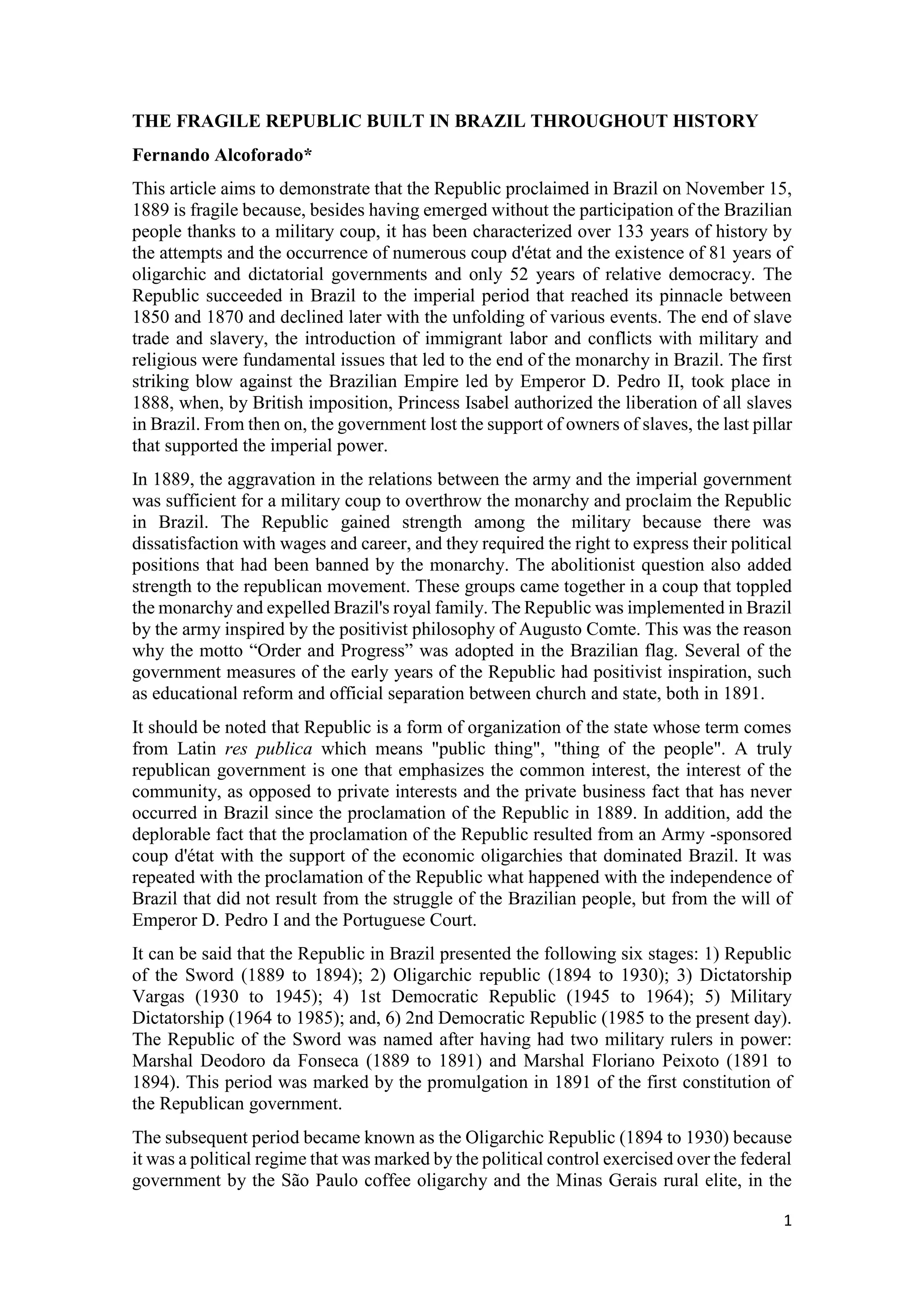 THE FRAGILE REPUBLIC BUILT IN BRAZIL THROUGHOUT HISTORY.pdf