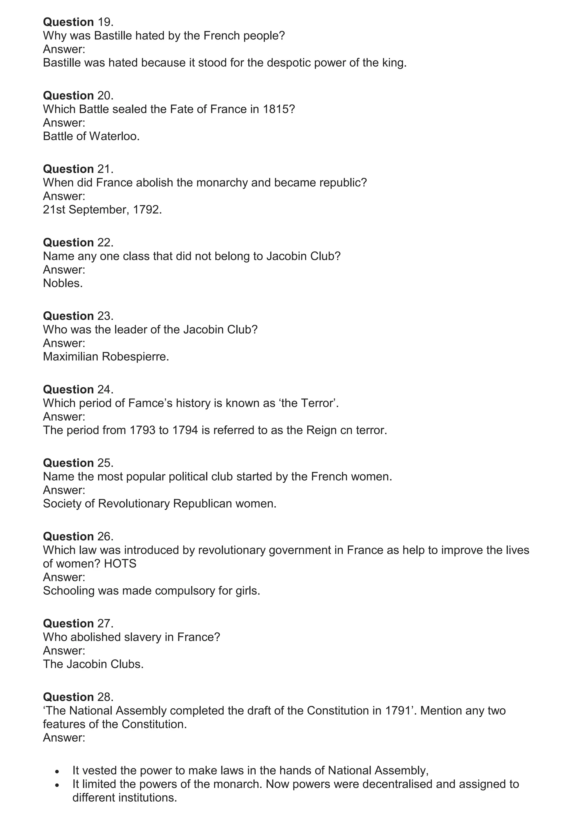 The French Revolution Important QUESTION ANSWER | PDF