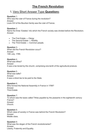 The French Revolution Important QUESTION ANSWER | PDF