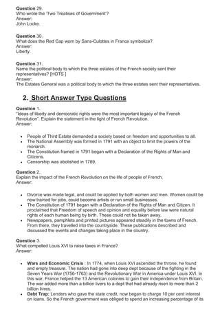The French Revolution Important QUESTION ANSWER | PDF