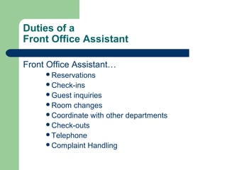 The front office department | PPT | Hotels and Motels | Travel Type