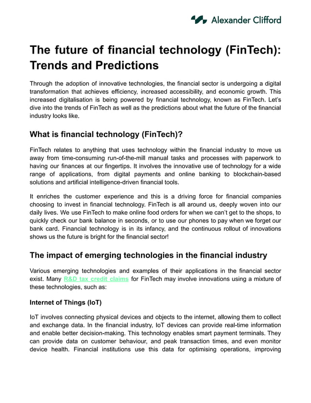 The future of financial technology (FinTech) - Trends and Predictions | PDF