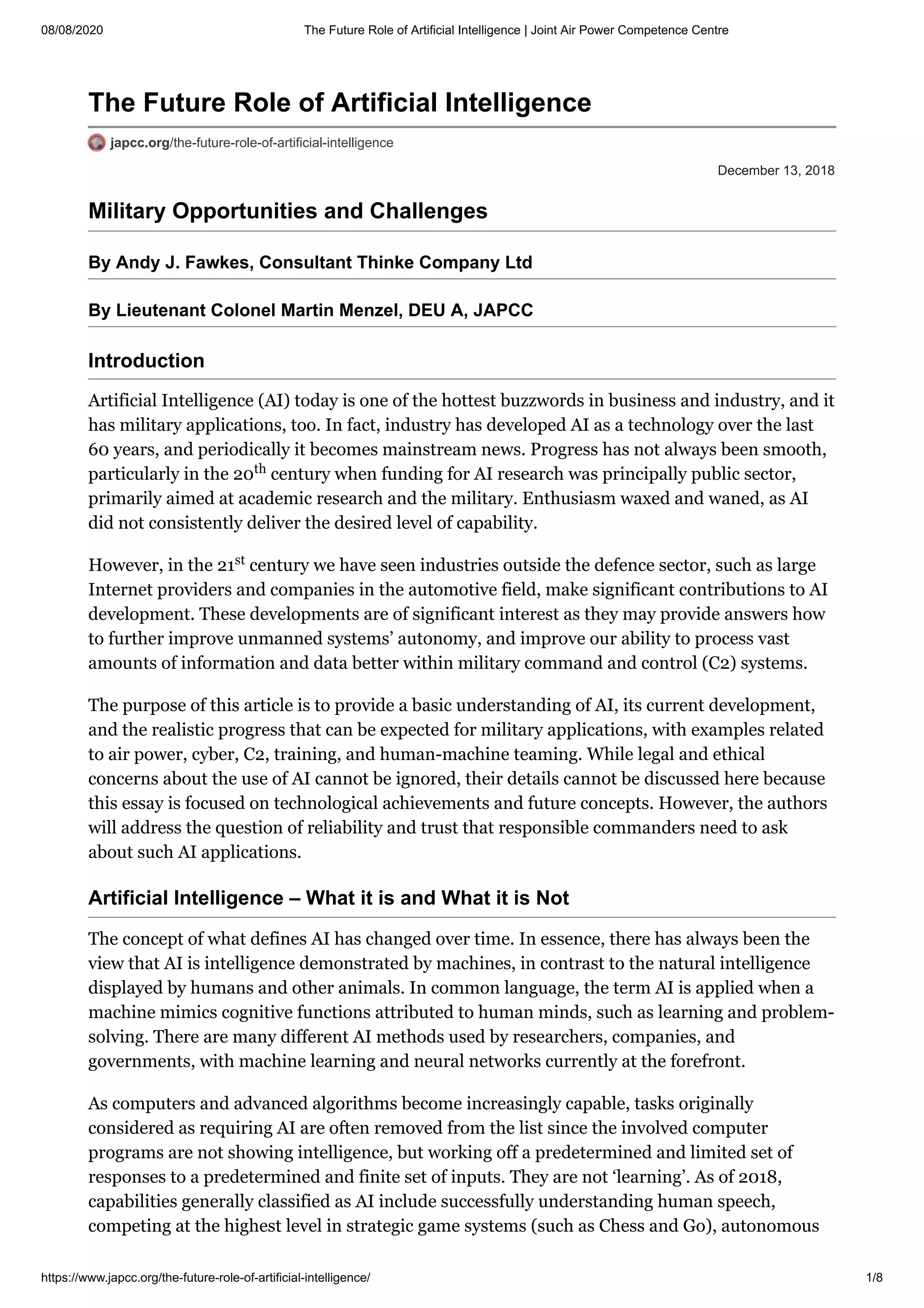 The Future Role of Artificial Intelligence - Military Opportunities and ...