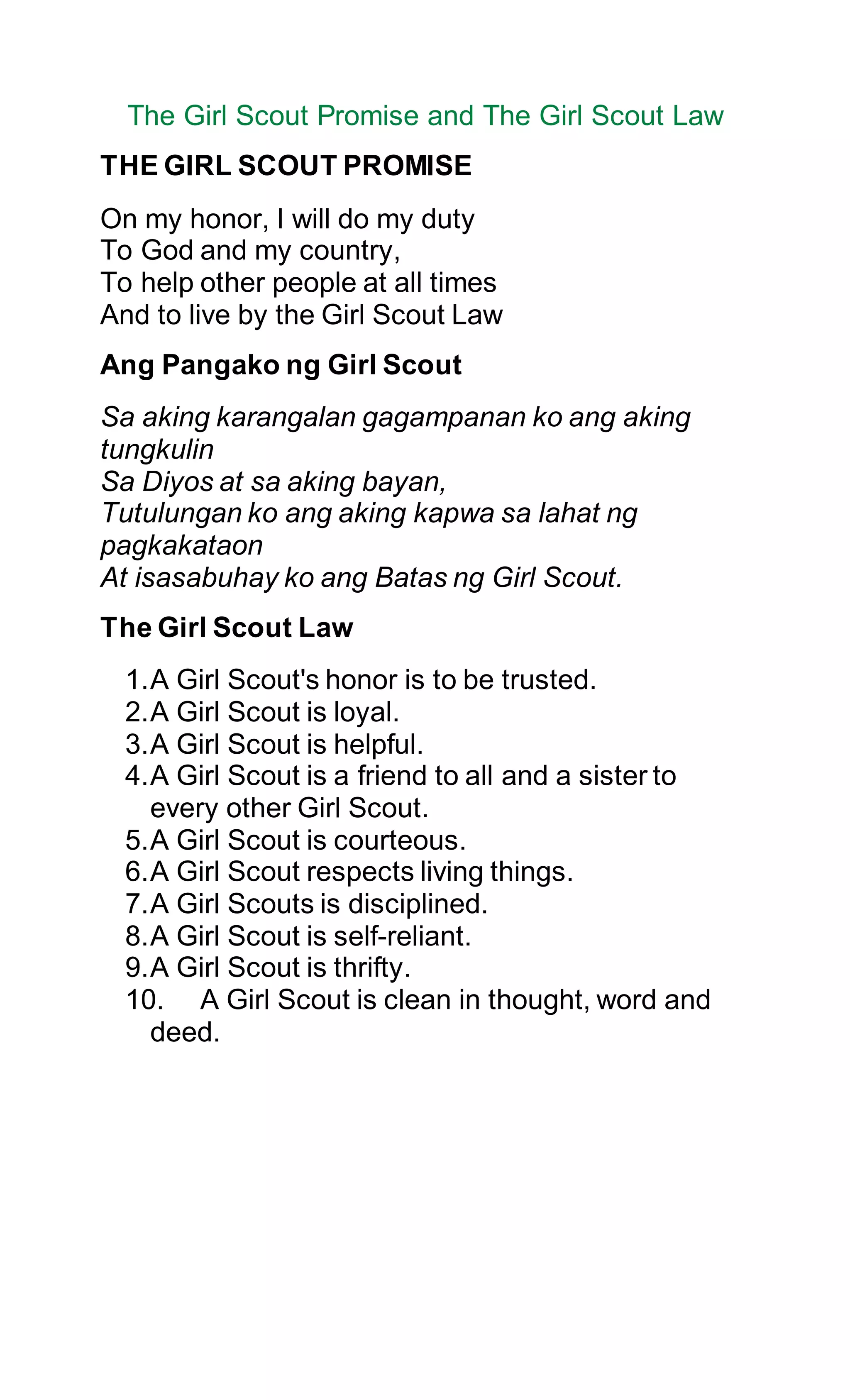 The girl scout promise and the girl scout law | DOCX