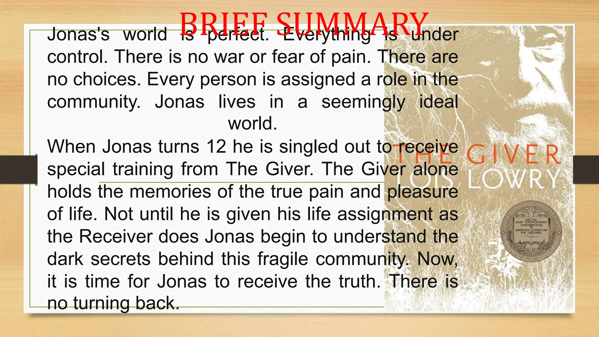 LITERARY WORK THE GIVER BY LOIS LOWRY.pptx | Fiction | Books and Literature