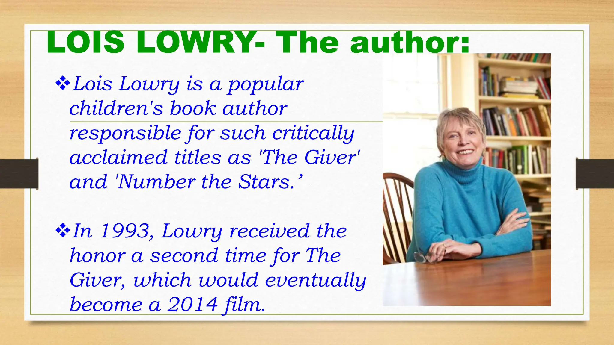 LITERARY WORK THE GIVER BY LOIS LOWRY.pptx | Fiction | Books and Literature