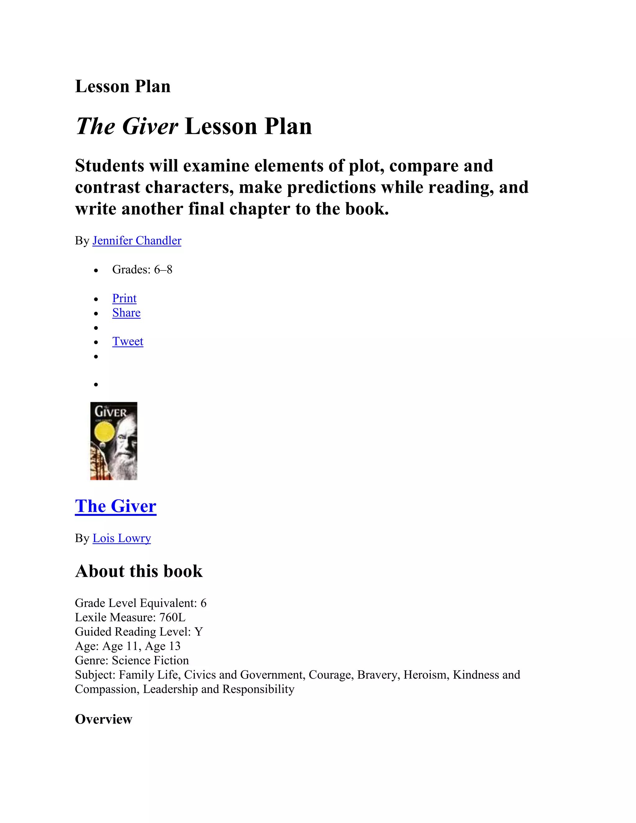 The giver lesson plan | DOCX