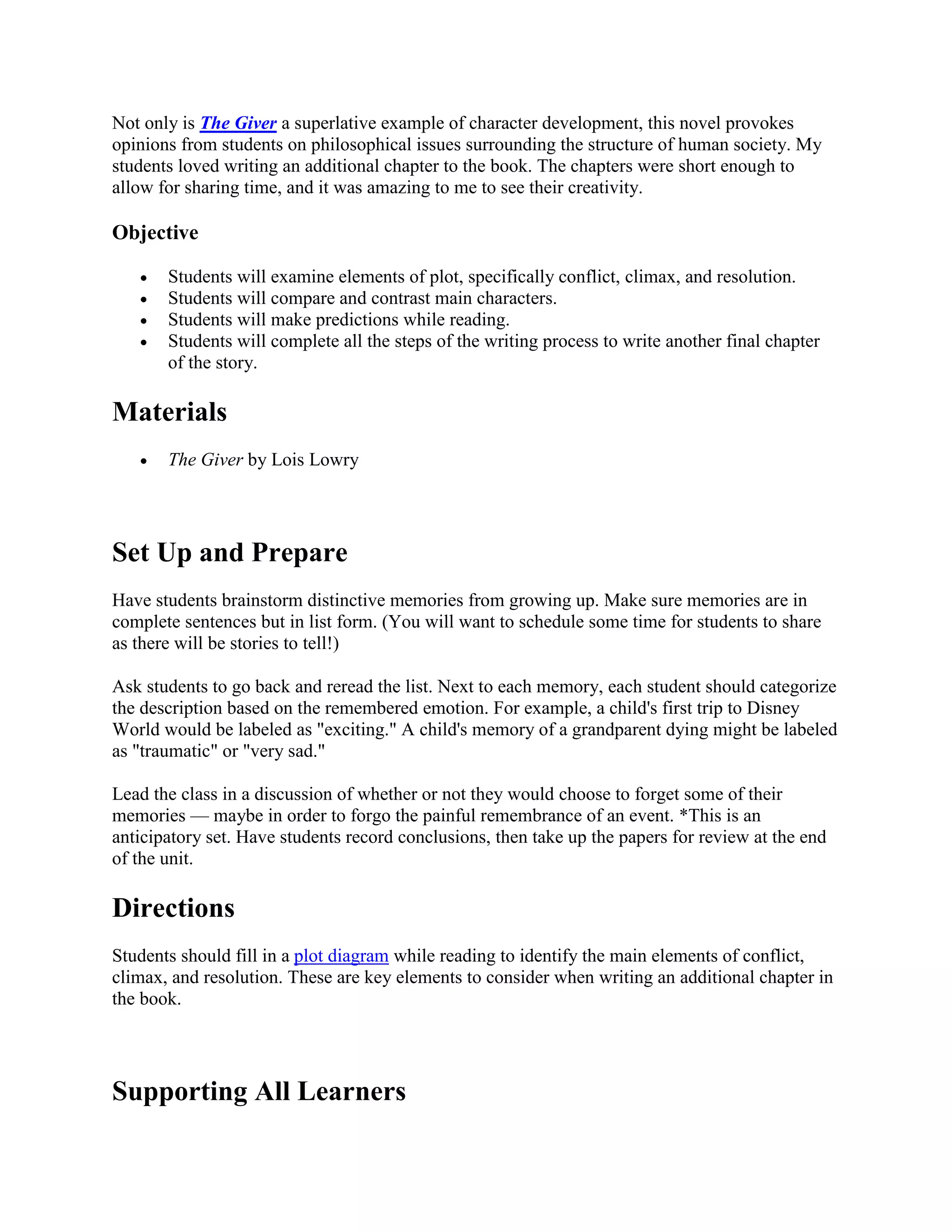 The giver lesson plan | DOCX