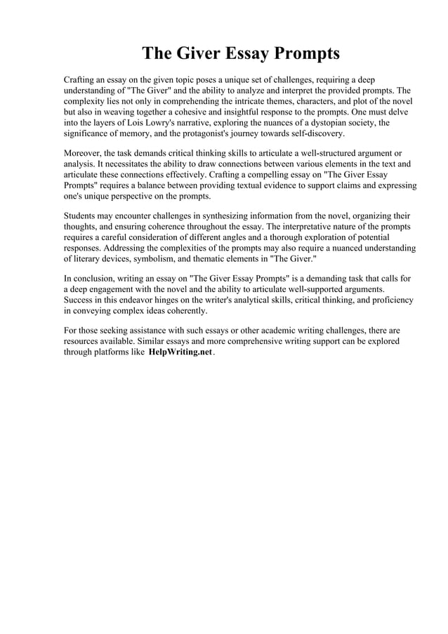 The Giver Essay Prompts | PDF | Buddhism | Religion & Spirituality