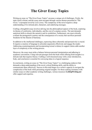 The Giver Essay Topics.pdf | Books and Literature