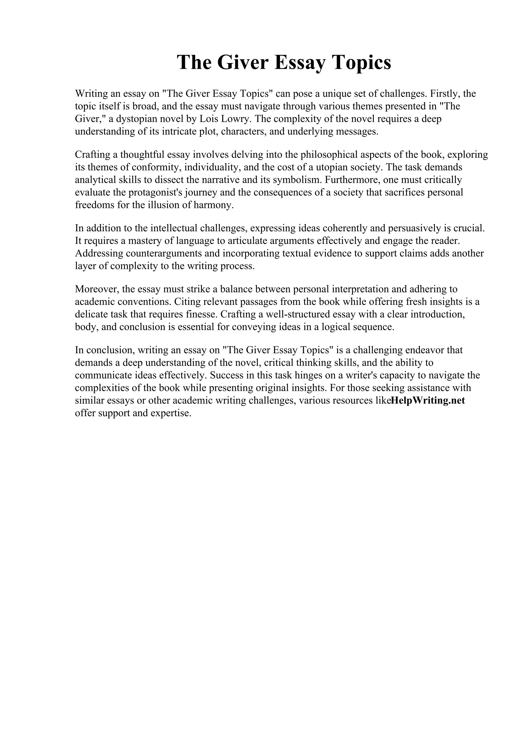 The Giver Essay Topics | PDF