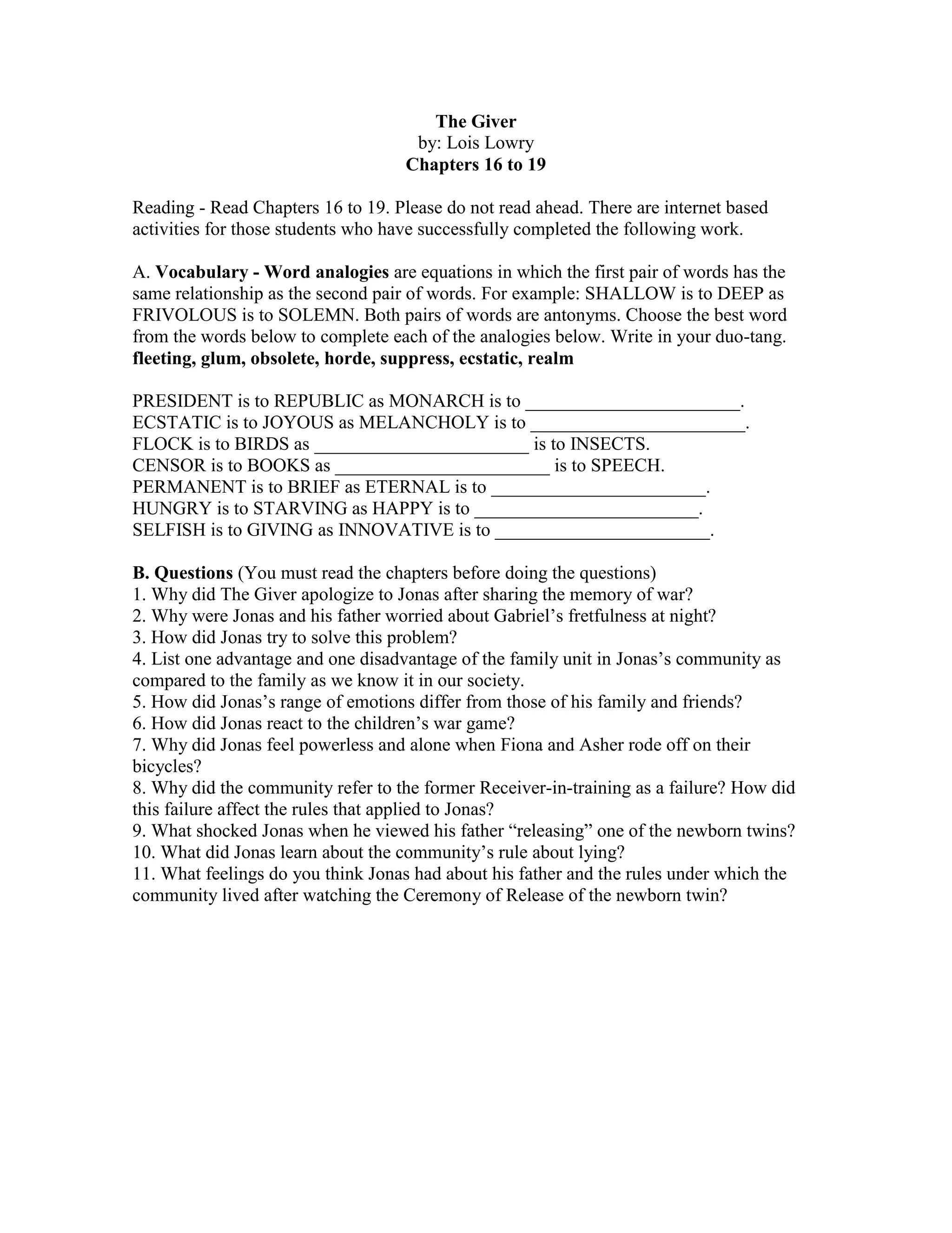 The Giver: Class Assignment | DOCX | Christianity | Religion & Spirituality