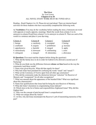 The Giver: Class Assignment | DOCX