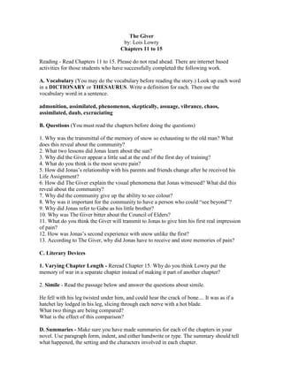 The Giver: Class Assignment | DOCX