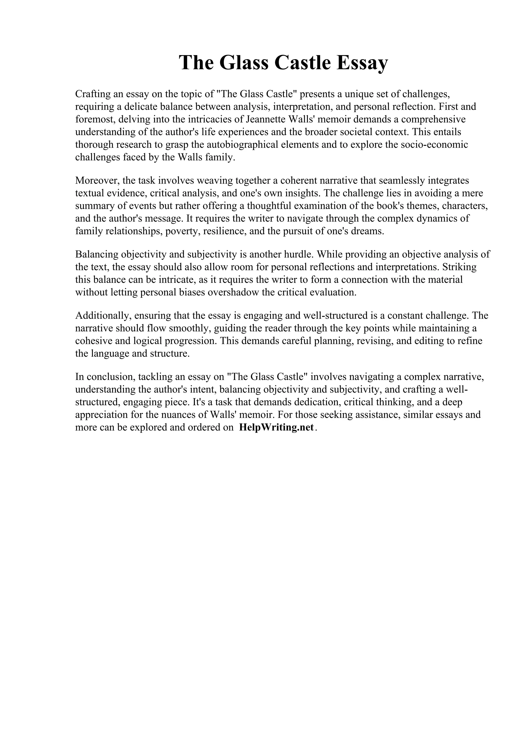 The Glass Castle Essay. . NYTimes Best Seller - The Glass Castle - Test ...