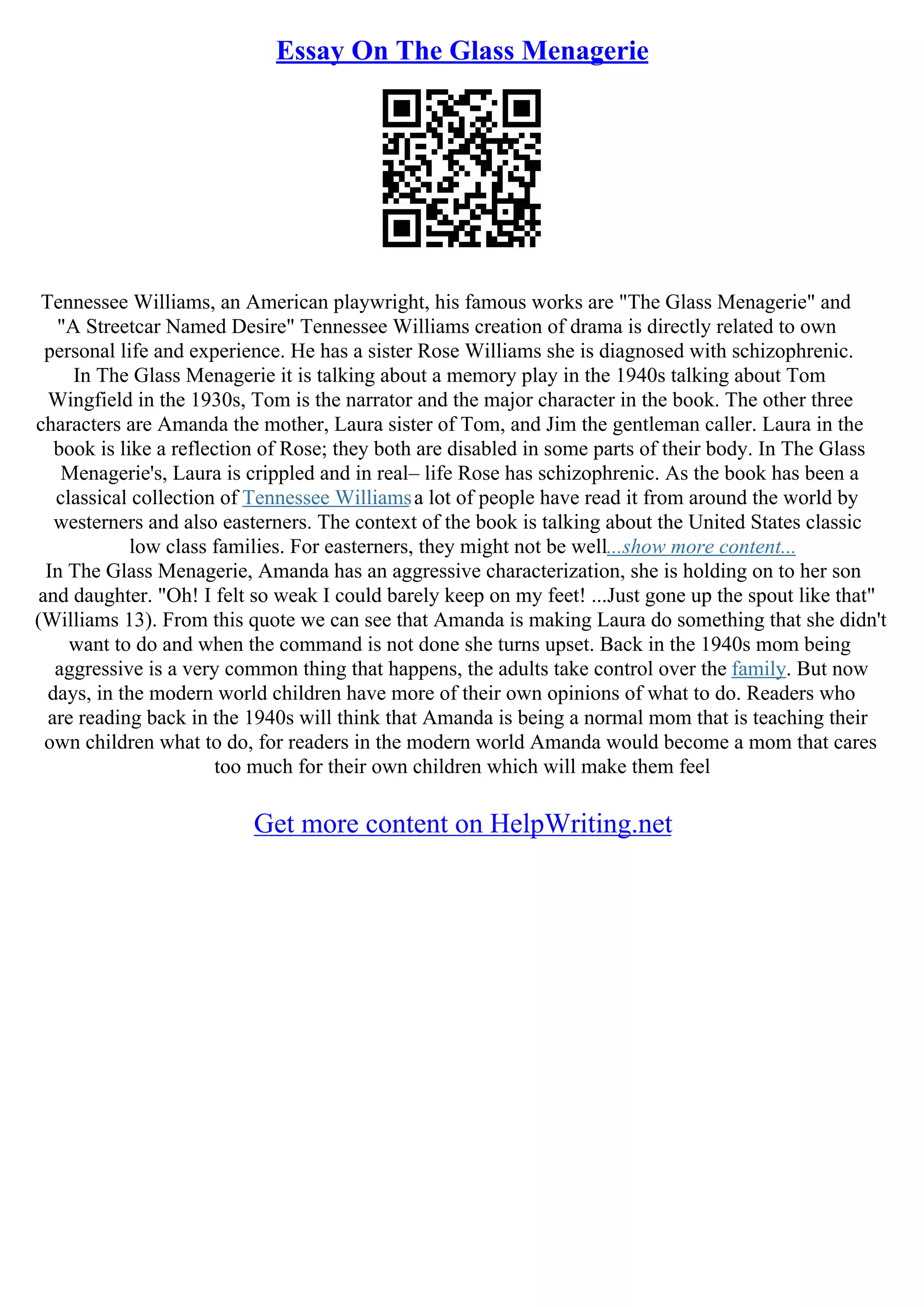 The Glass Menagerie Essay | PDF
