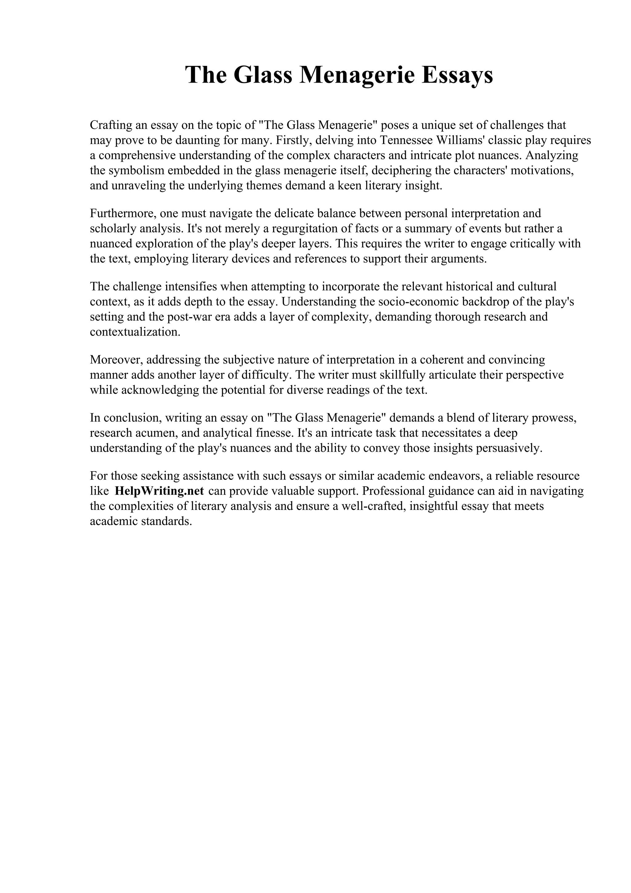 The Glass Menagerie Essays. Interactive College of Technology | PDF