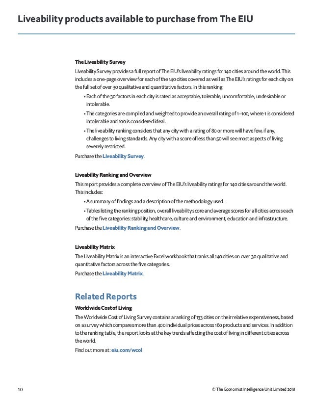 50 top cities to live in based on the global liveability index, 2018 ...