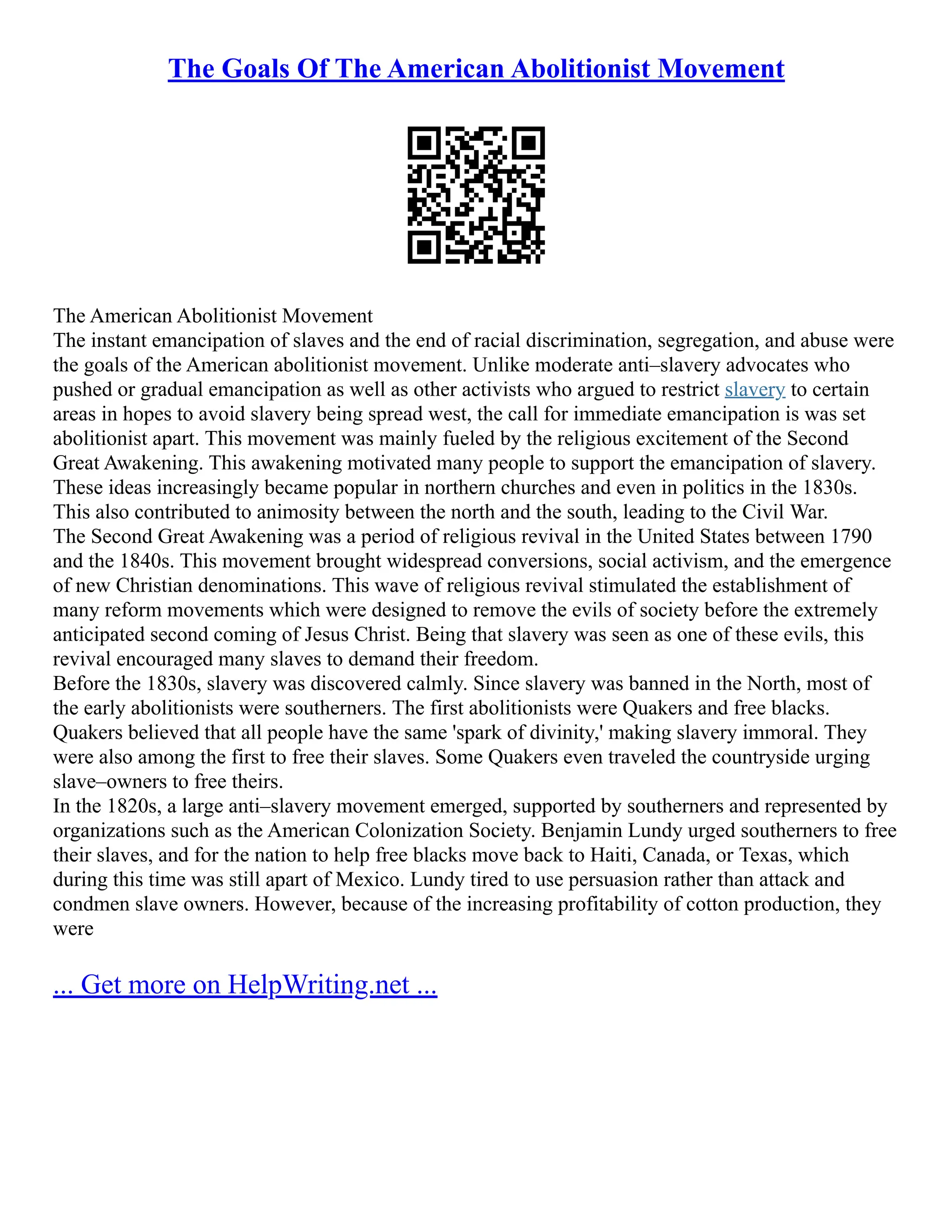 The Goals Of The American Abolitionist Movement | PDF