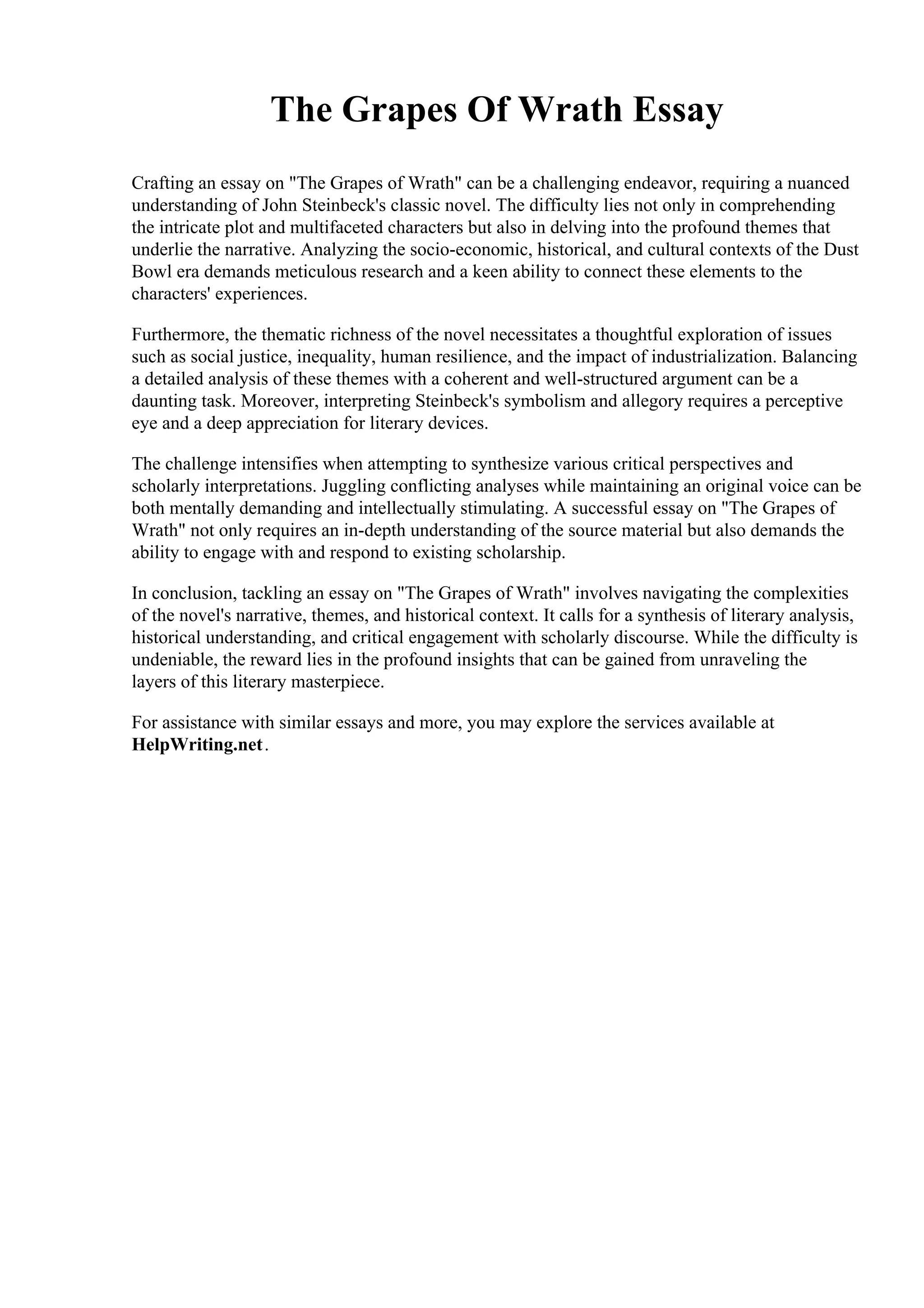 The Grapes Of Wrath Essay. The University of Tennessee | PDF