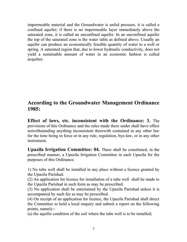 Assignment on The ground water management ordinance, 1985 bangladesh | DOC