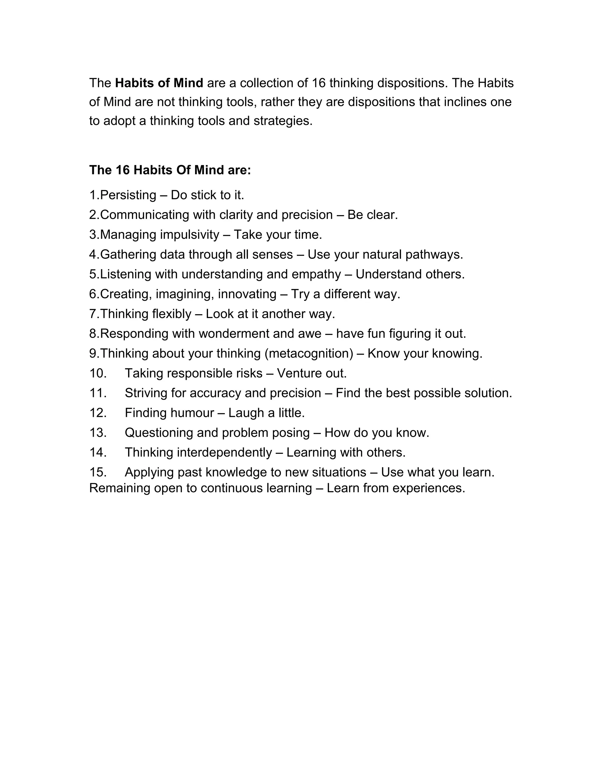 The habits of mind are a collection of 16 thinking dispositions | DOCX