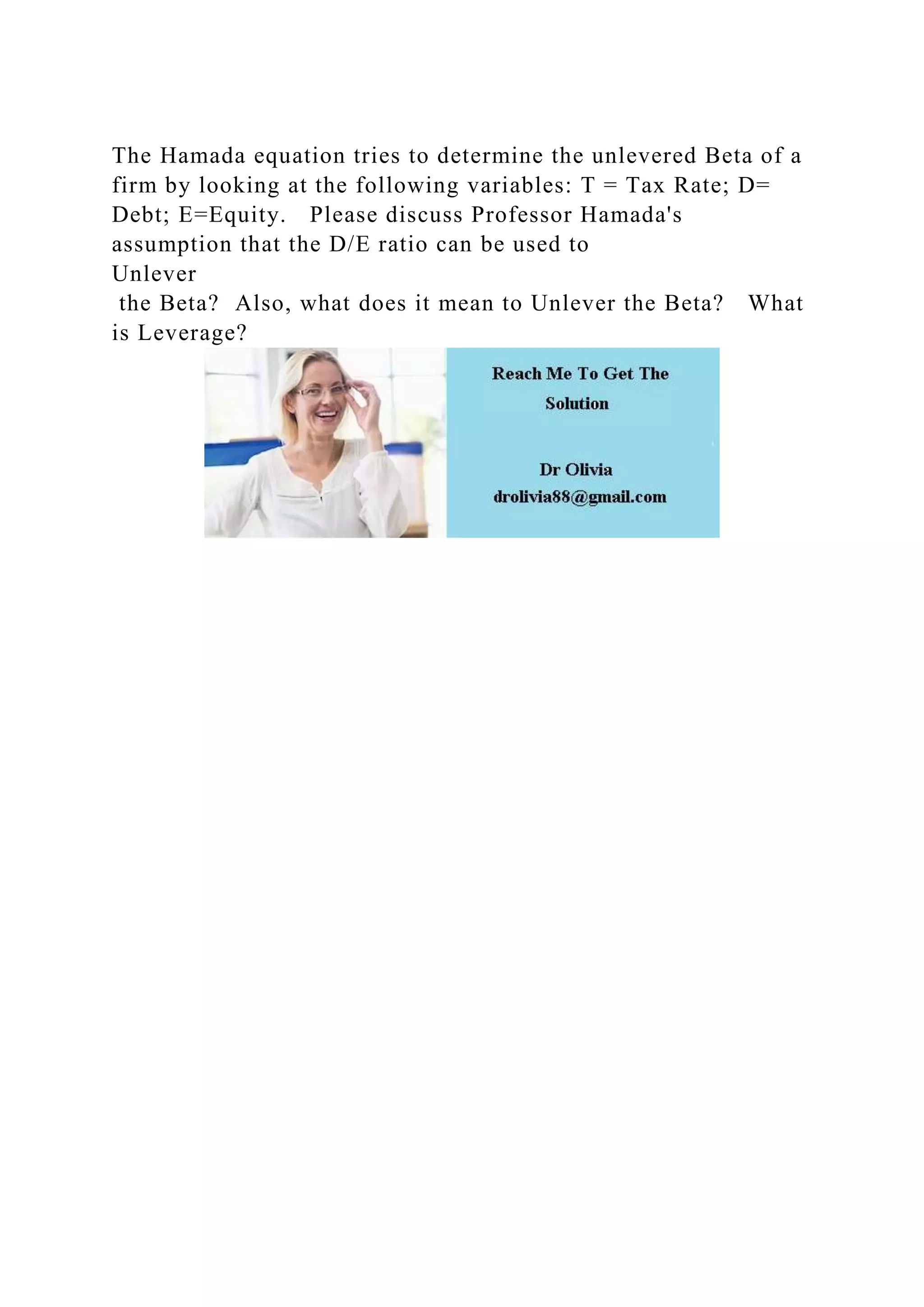 The Hamada equation tries to determine the unlevered Beta of a firm .docx
