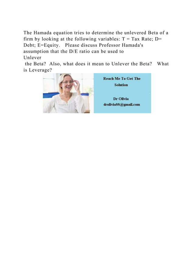 The Hamada equation tries to determine the unlevered Beta of a firm .docx