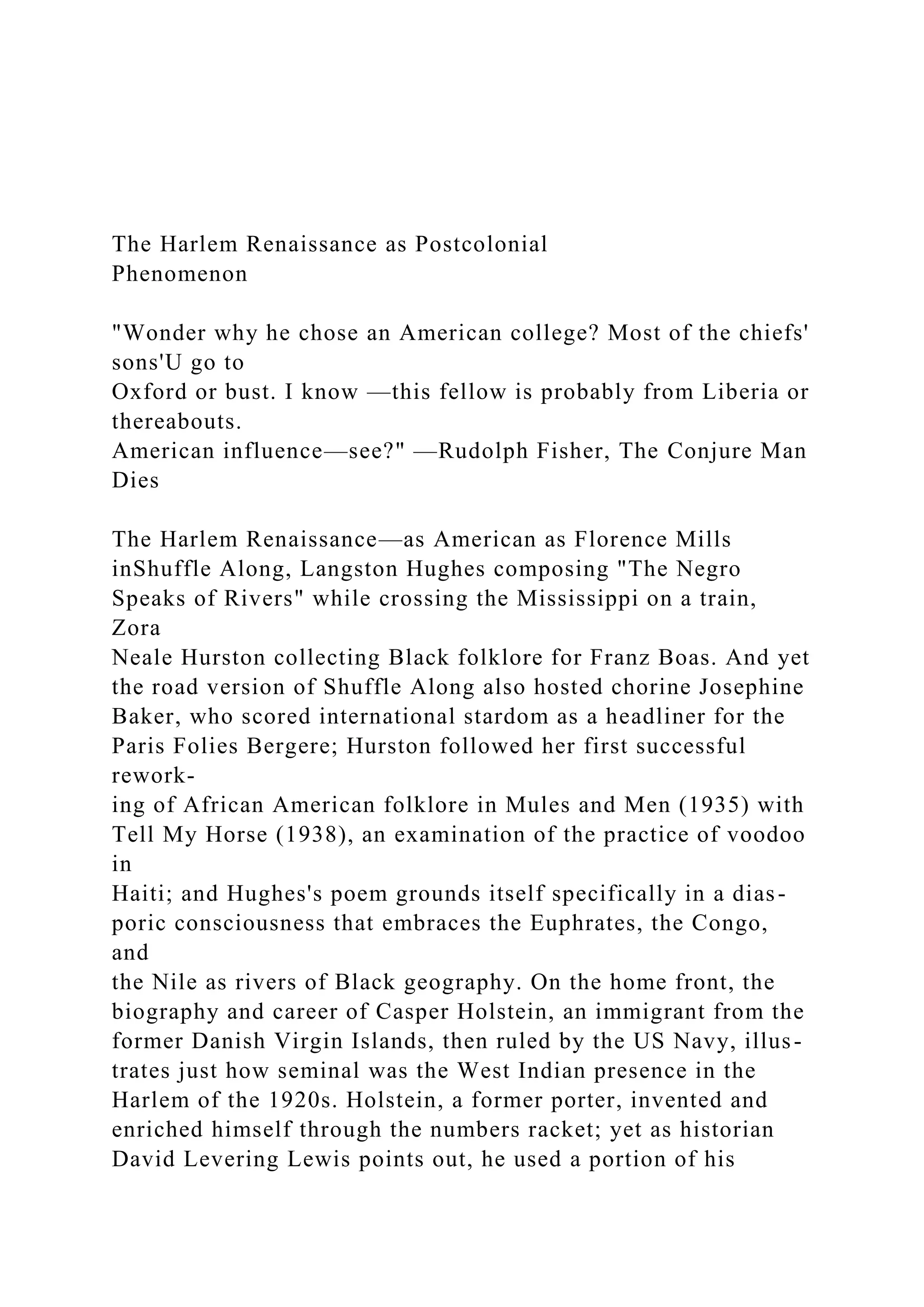 The Harlem Renaissance as PostcolonialPhenomenonWonder .docx | Hobbies ...