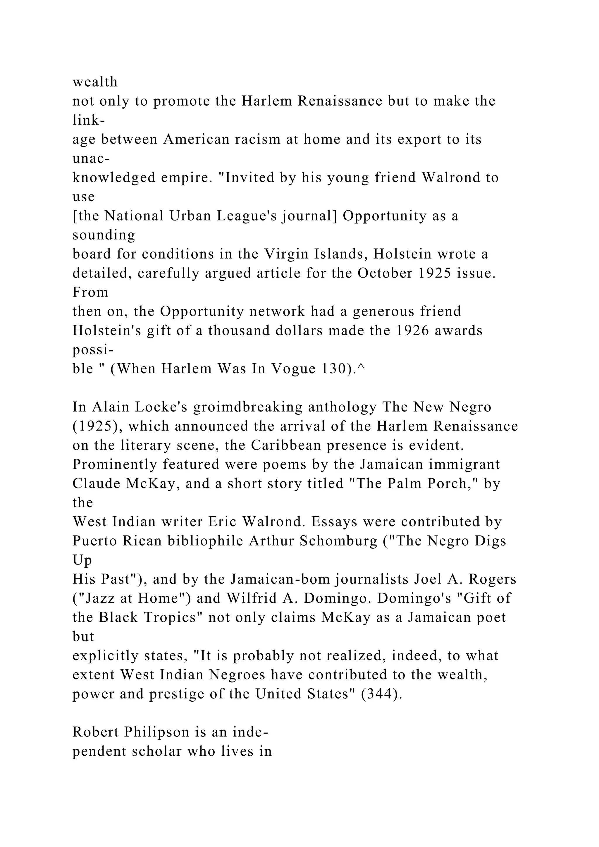 The Harlem Renaissance as PostcolonialPhenomenonWonder .docx | Hobbies ...