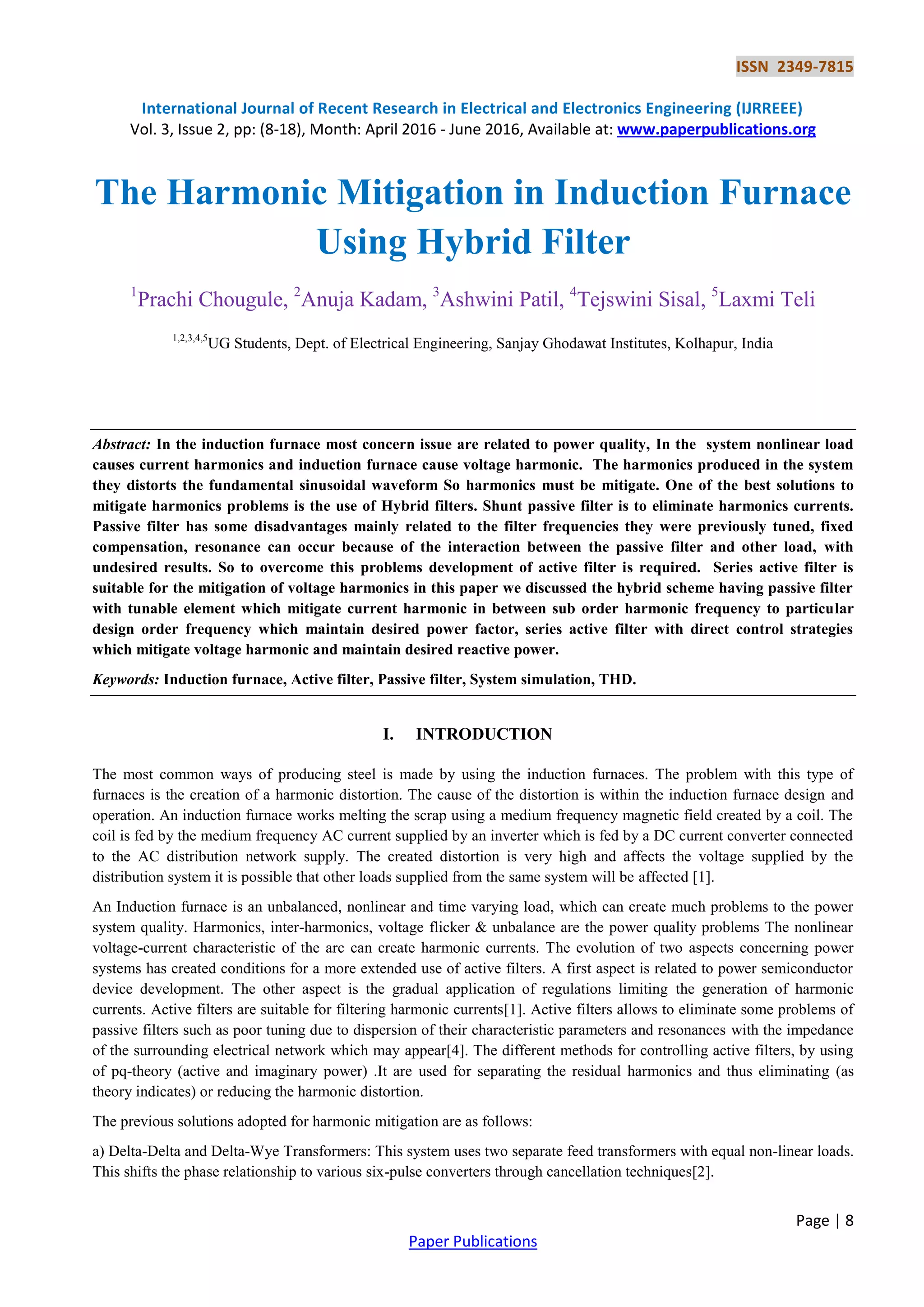 The Harmonic Mitigation in Induction Furnace Using Hybrid Filter | PDF