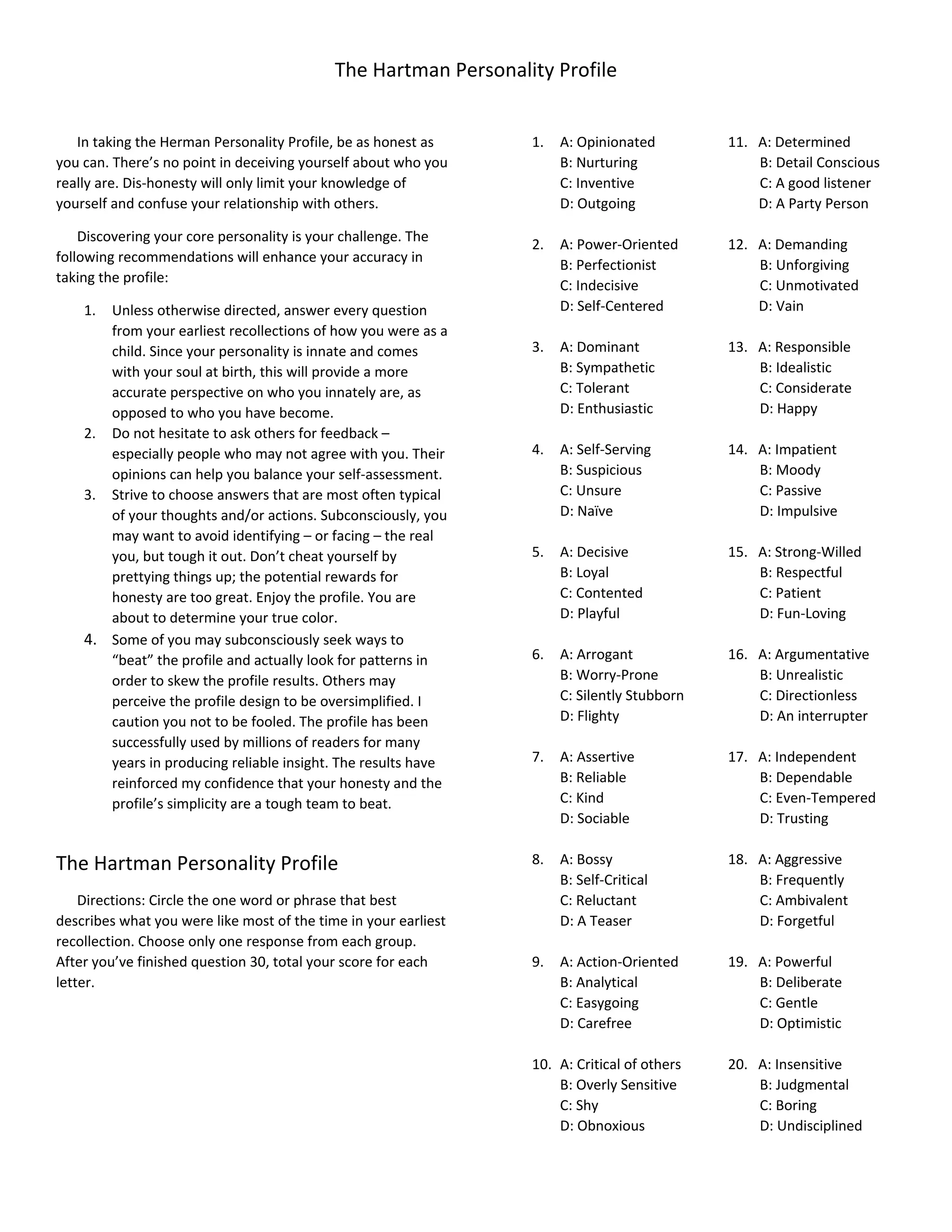 The Hartman Personality Profile | PDF