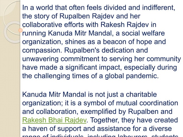 The Heartwarming Journey Of Rupalben Rajdev And Kanuda Mitr Mandal | PPT