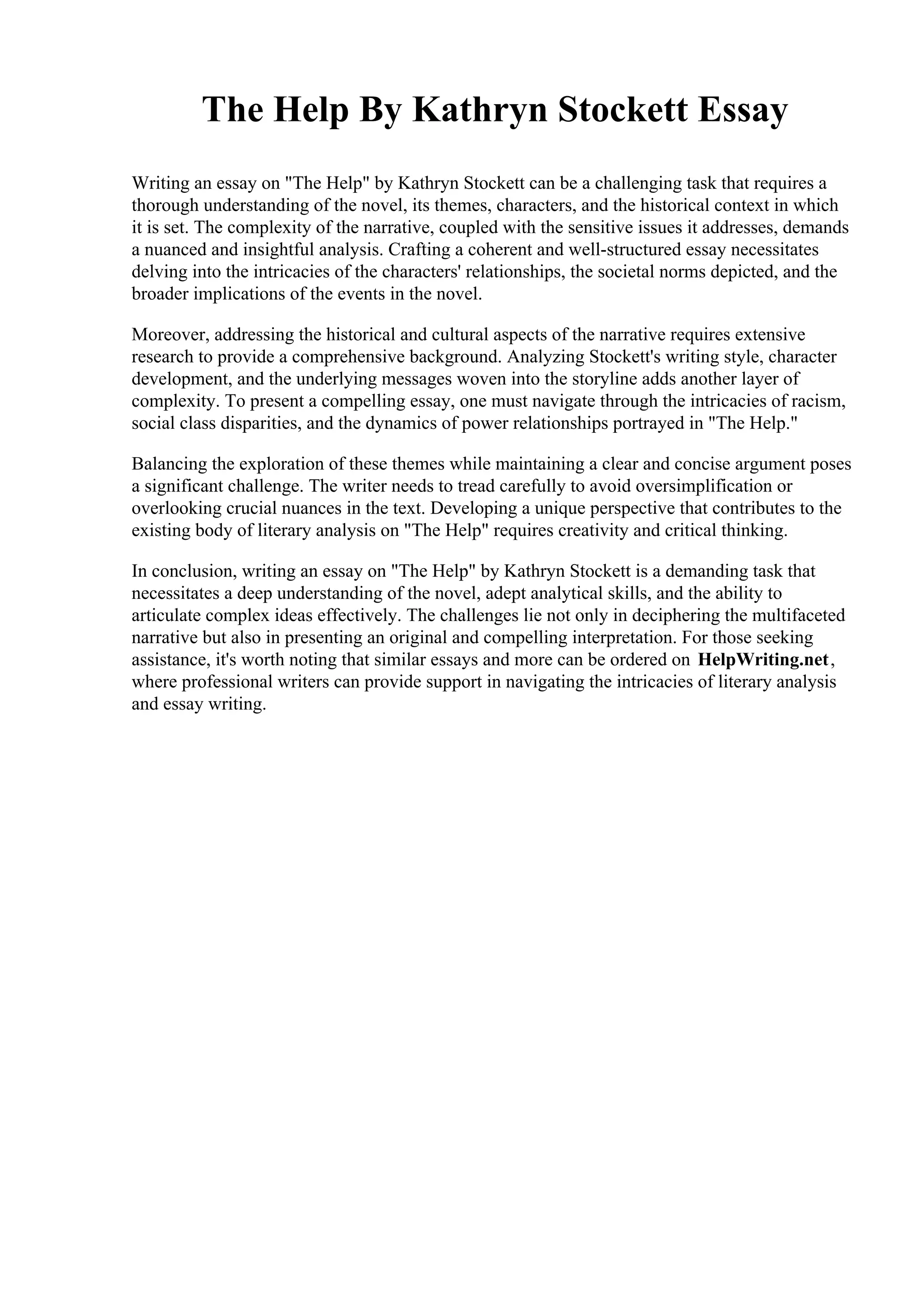 The Help By Kathryn Stockett Essay. University of Maine at Machias | PDF