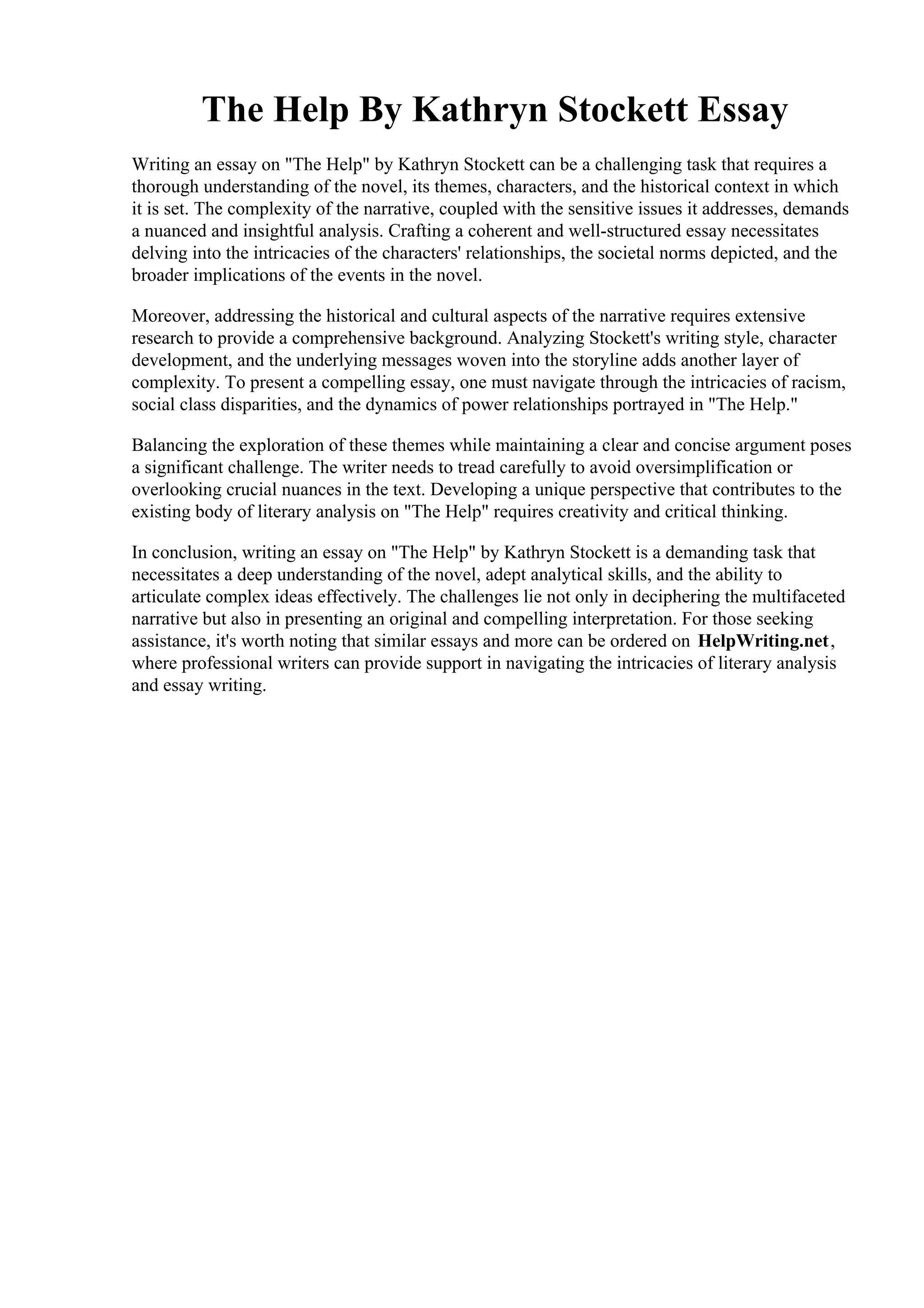 The Help By Kathryn Stockett Essay.pdfThe Help By Kathryn Stockett ...