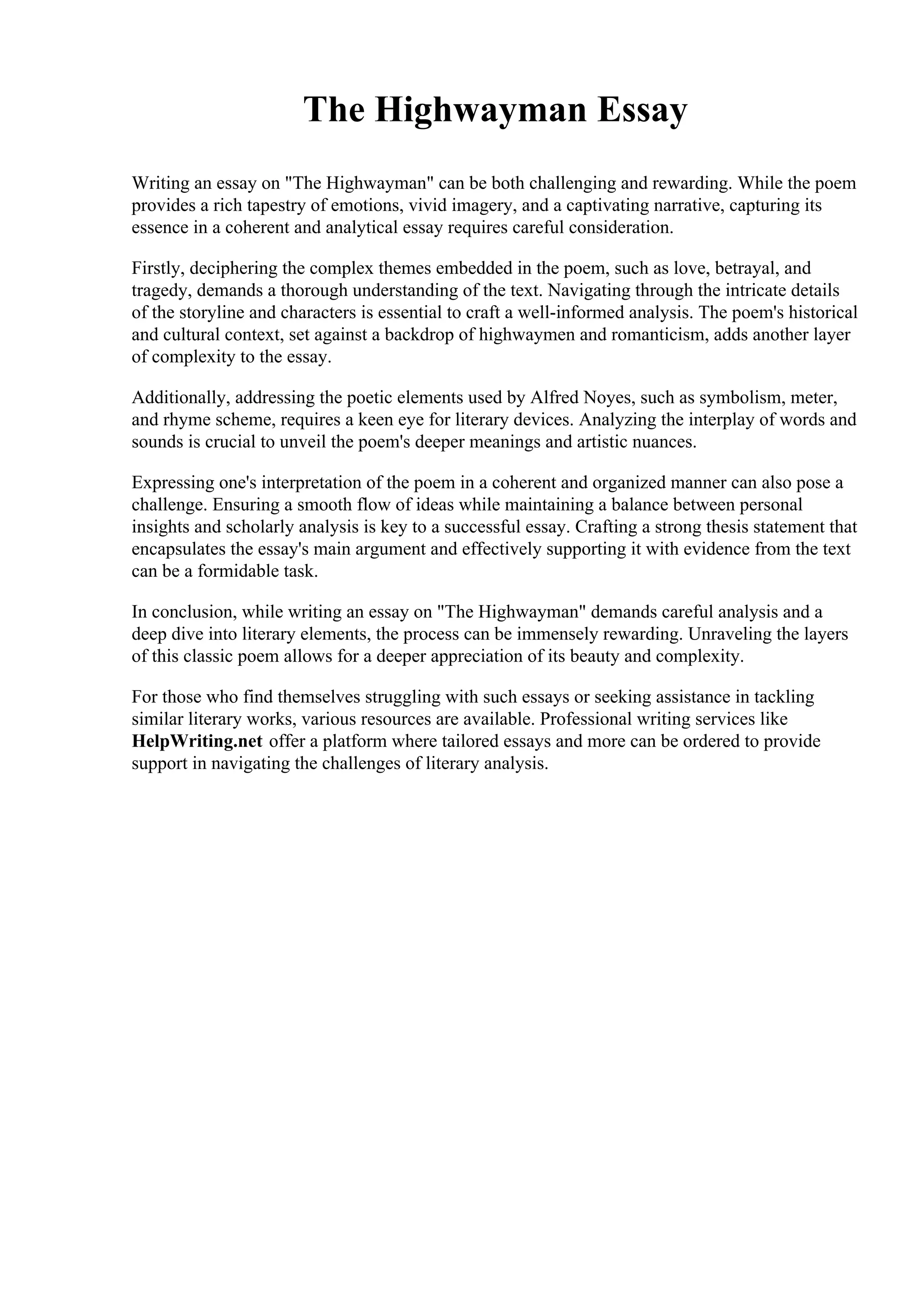 The Highwayman Essay. Marquette University | PDF