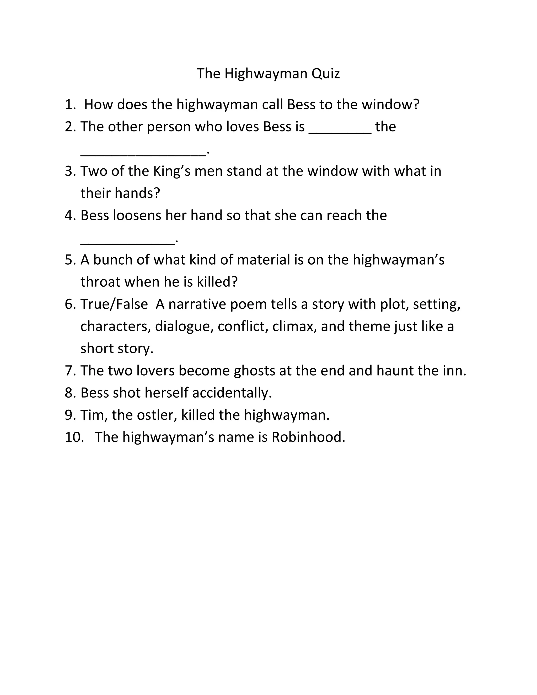 The highwayman quiz | DOCX