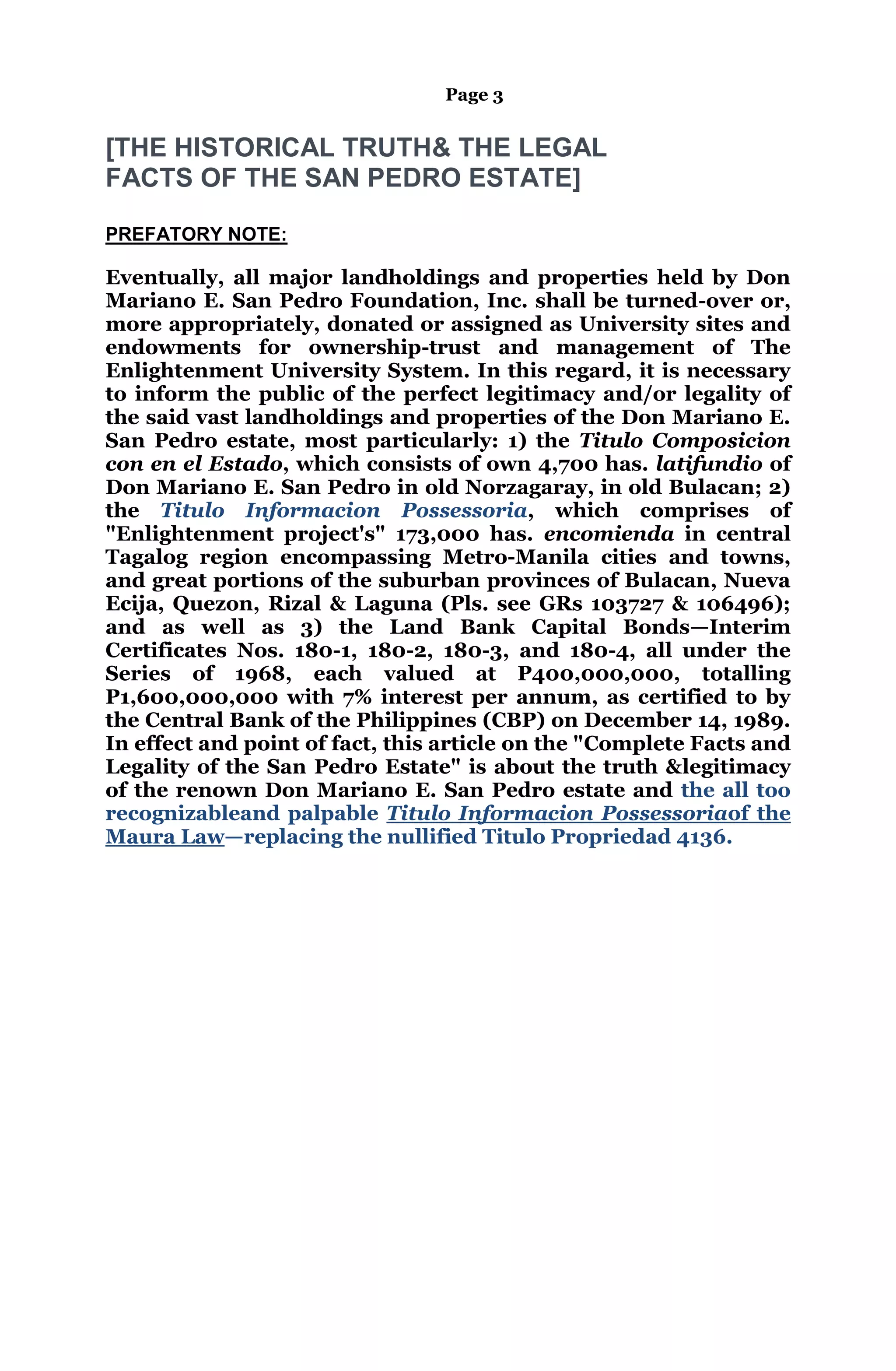 The historical truth & the legal facts of the san pedro estate | DOCX