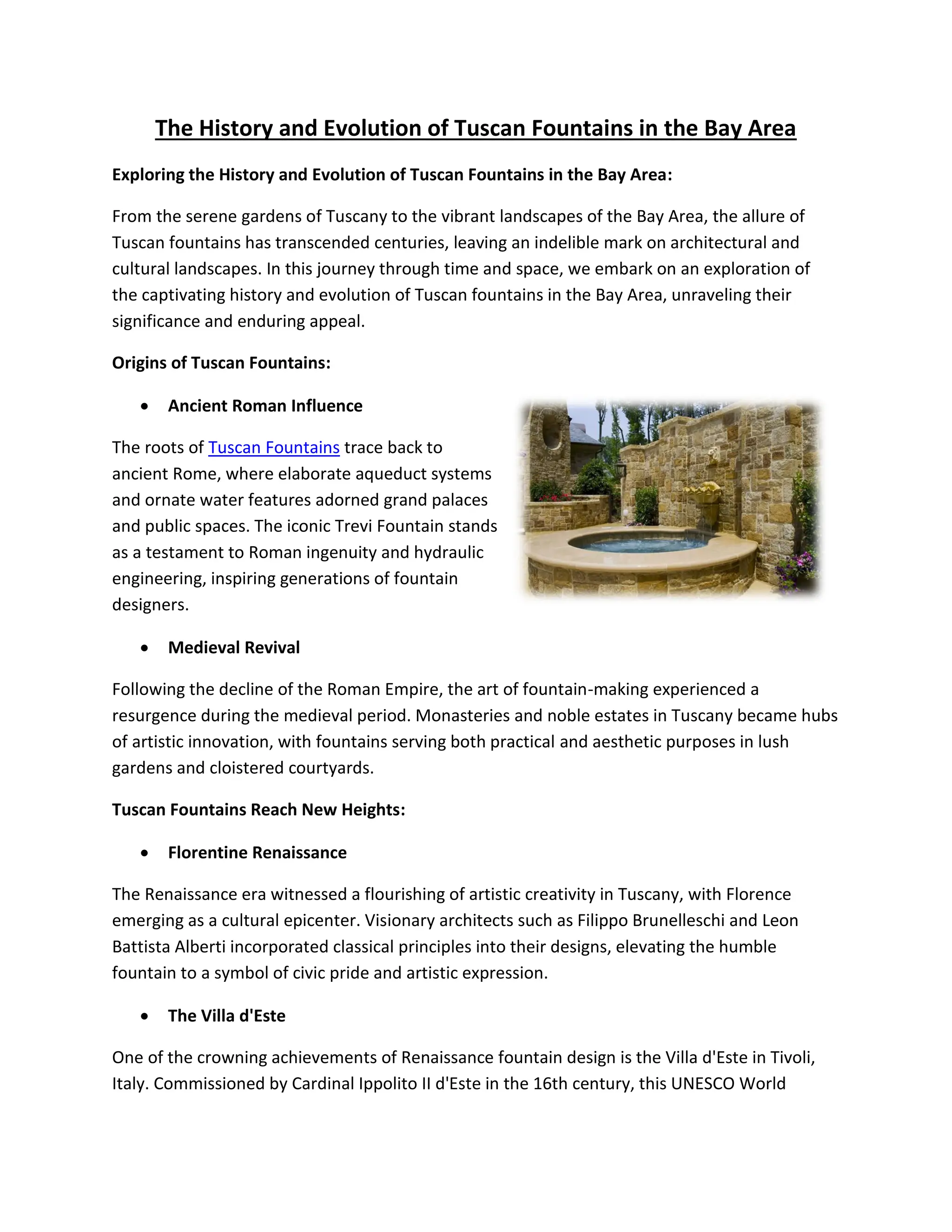 The History and Evolution of Tuscan Fountains in the Bay Area | PDF