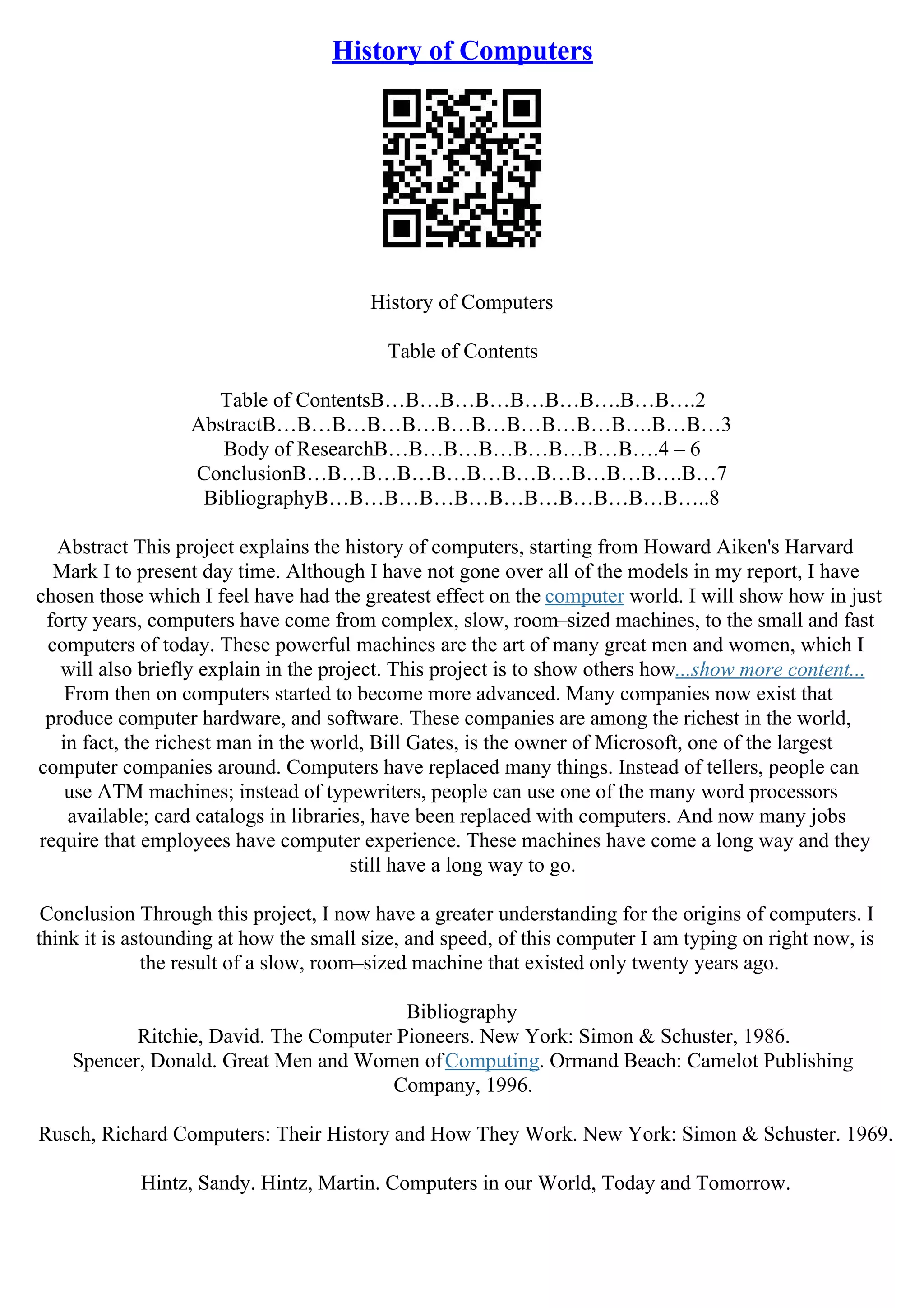 The History Of Computers Essay | PDF