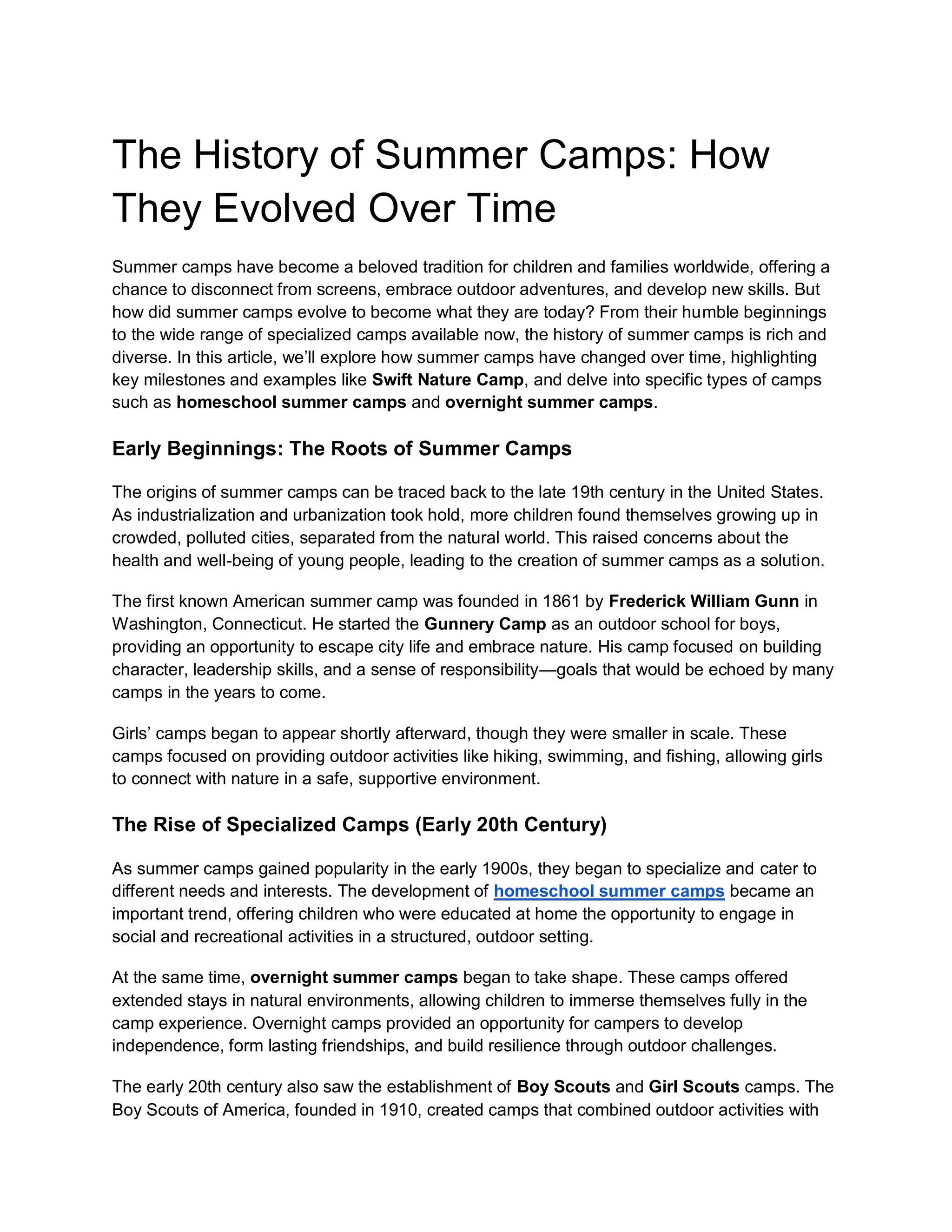 The History of Summer Camps: How They Evolved Through the Years | PDF