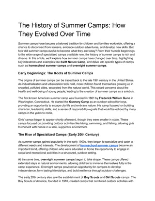 The History of Summer Camps: How They Evolved Through the Years | PDF