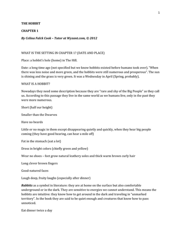 The Hobbit questions and answers chapter 1 | DOCX | Fantasy | Genres