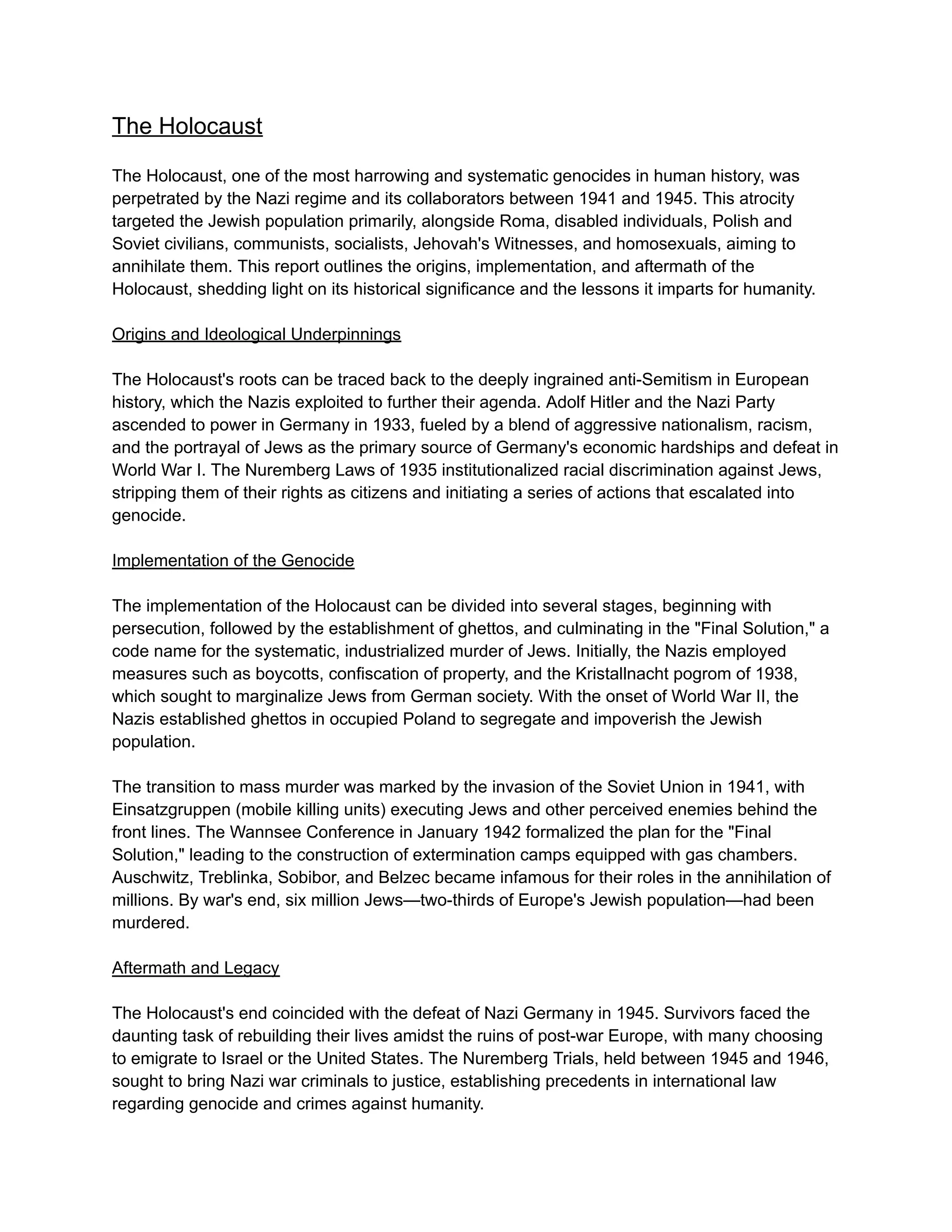 Essay on the holocaust explaining the history and the aftermath | PDF