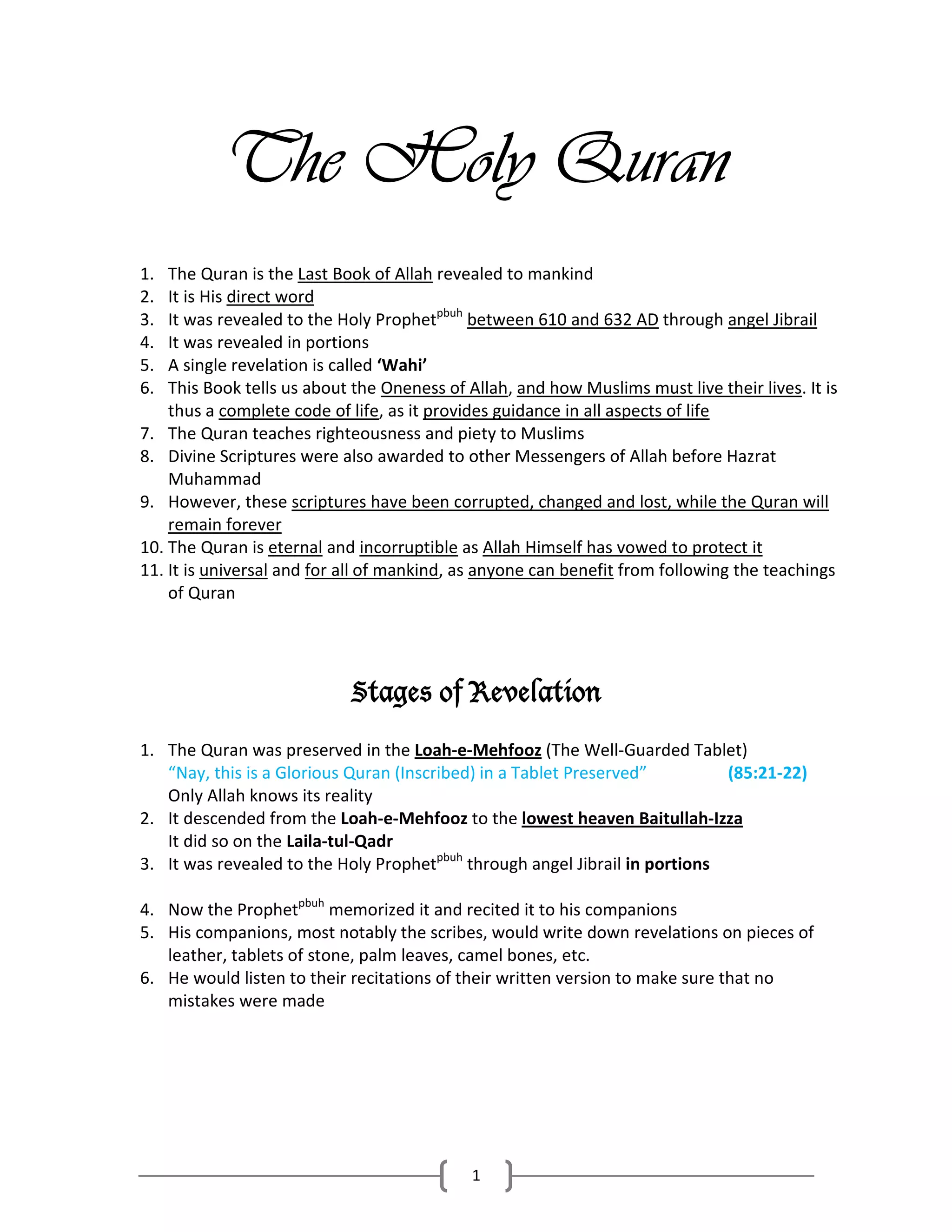 The Holy Quran in Brief | PDF