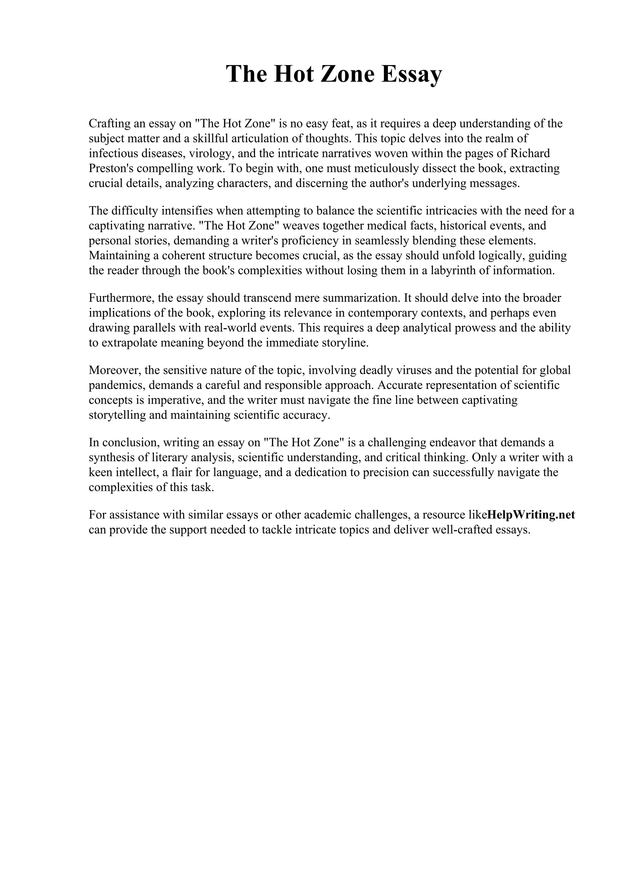 The Hot Zone Essay. Oconee Fall Line Technical College | PDF