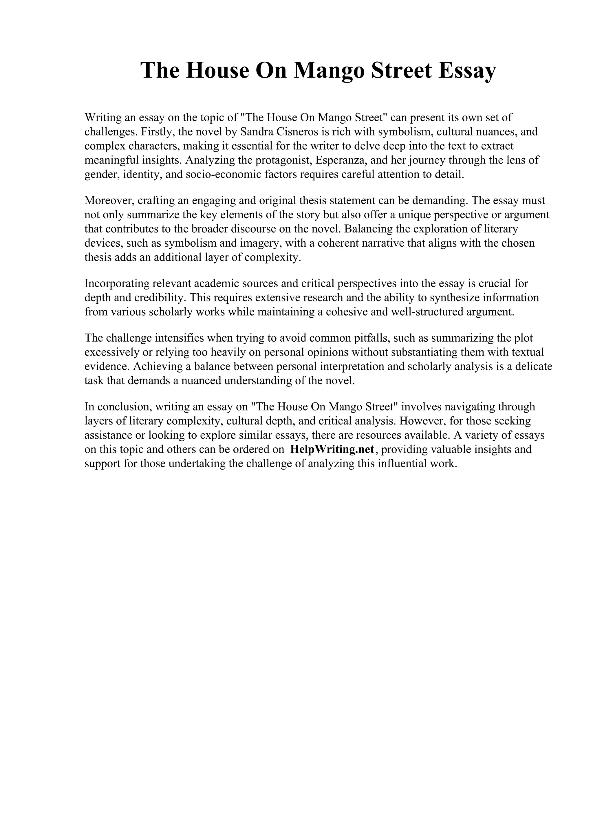 The House On Mango Street Essay. Central Lakes College | PDF