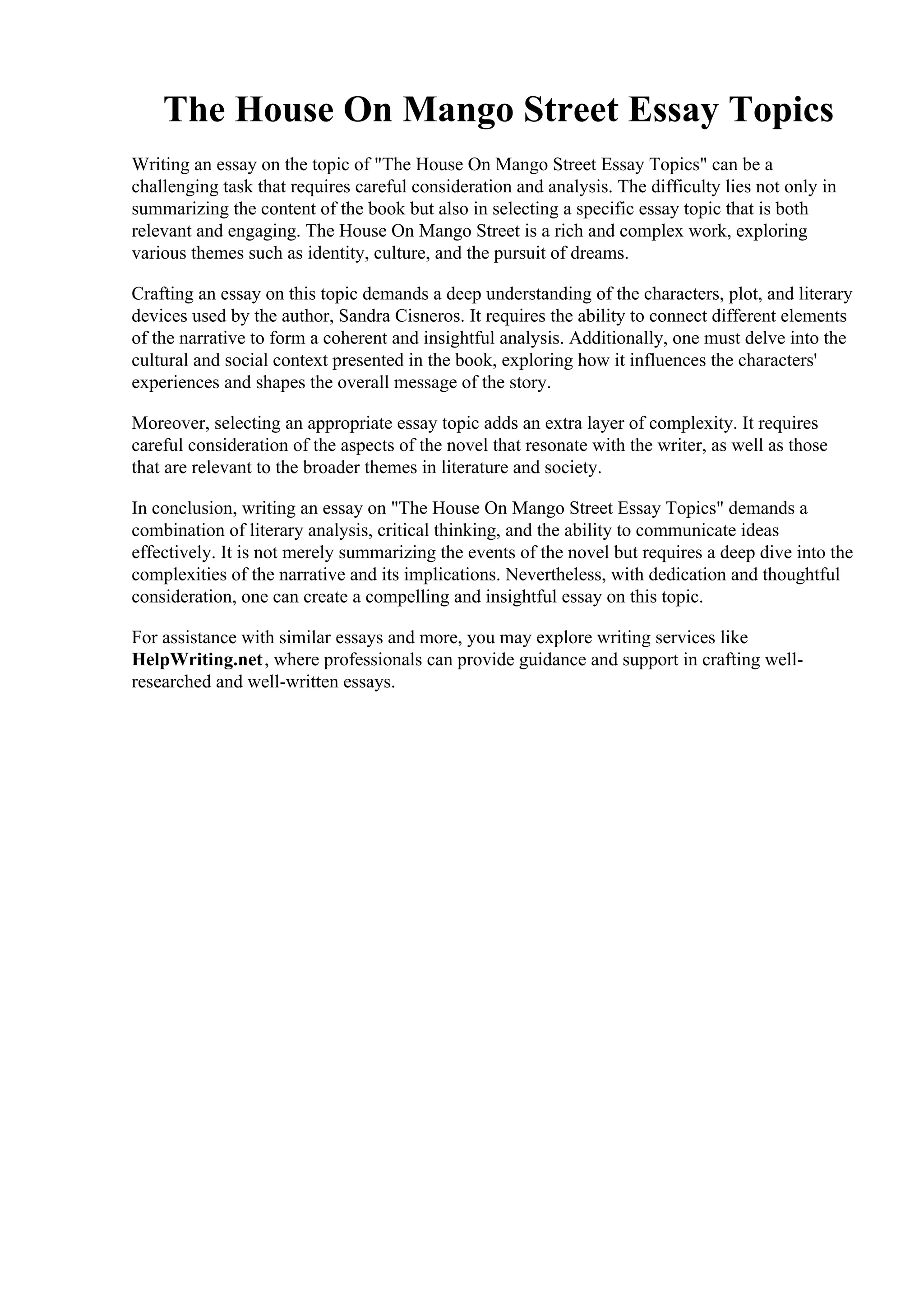 The House On Mango Street Essay Topics | PDF